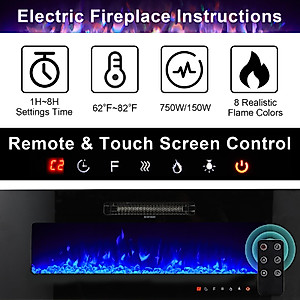 LUXOAK 80" Fireplace TV Stand, Modern High Gloss Finish Media Console with 40" Electric Fireplace, Open Storage Entertainment Center for TVs Up to 90" with LED Lights, Black