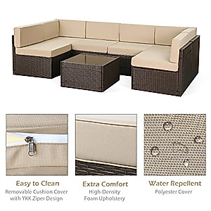U-MAX 7 Piece Outdoor Patio Furniture Set, PE Rattan Wicker Sofa Set, Outdoor Sectional Furniture Chair Set with Khaki Cushions and Tea Table, Brown