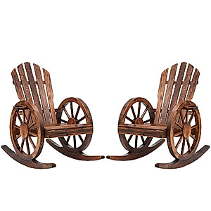 AHB Outdoor Wood Rocking Chair, Wagon Wheel Decor Armrest Yard Glider Rocking Patio Chair with Slatted Design, Adirondack Rocking Chair for Porch Lawn Garden Balcony Poolside, Brown (2 PCS)