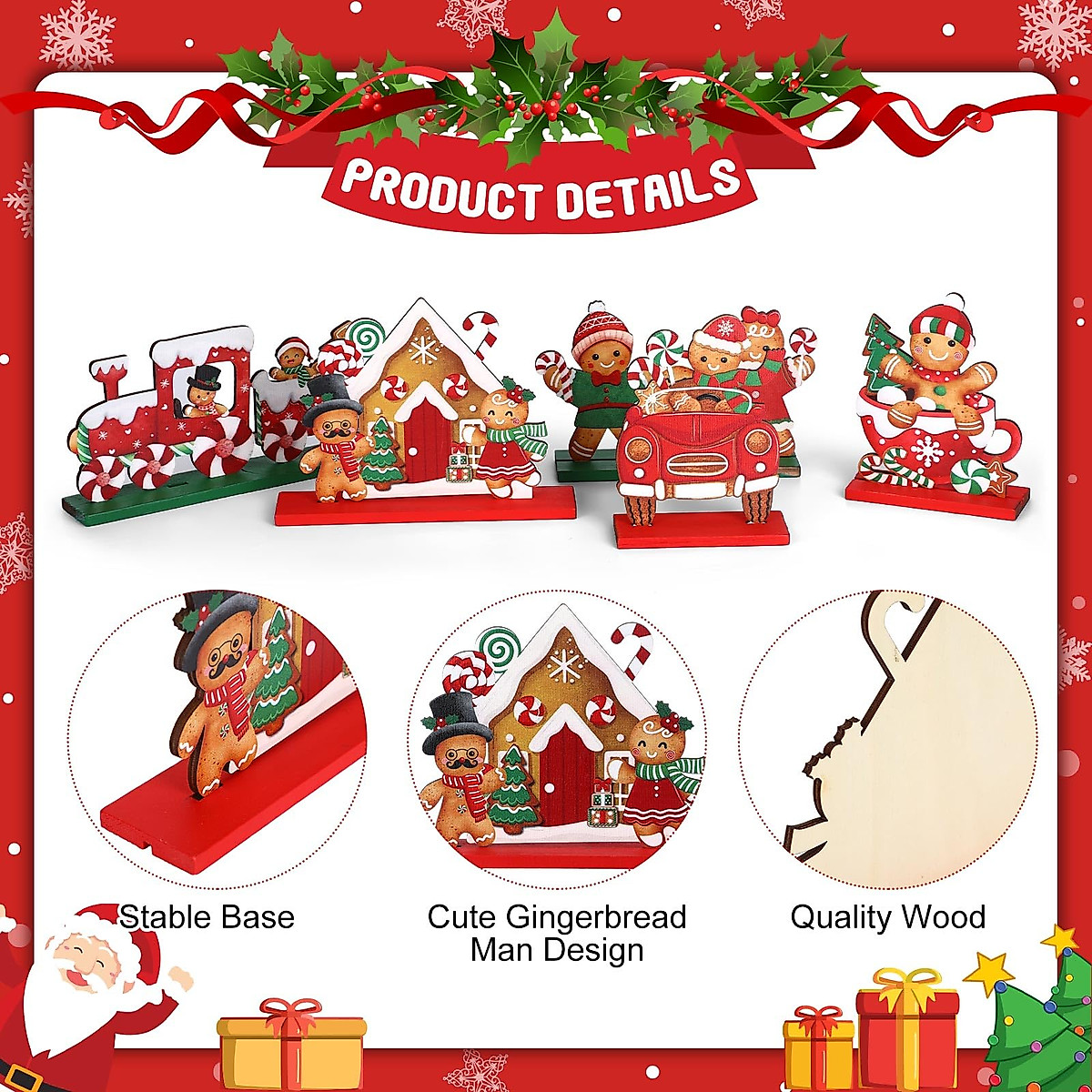 Blulu 5 Pcs Christmas Gingerbread Man Ornament Xmas Wood Gingerbread Man Signs Christmas Tiered Tray Wooden Decorations Gingerbread Candy Table Centerpiece for Home Farmhouse Office Tabletop Decor