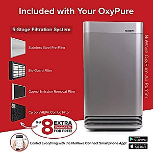 Nuwave Smart Air Purifier for Home Large Room up to 1,200 Sq. Ft, Auto Function Monitors Air Quality & Adjusts 6 Fan Speeds 5-Stage Filtration System Includes 8 Additional HEPA & Carbon Combo Filters