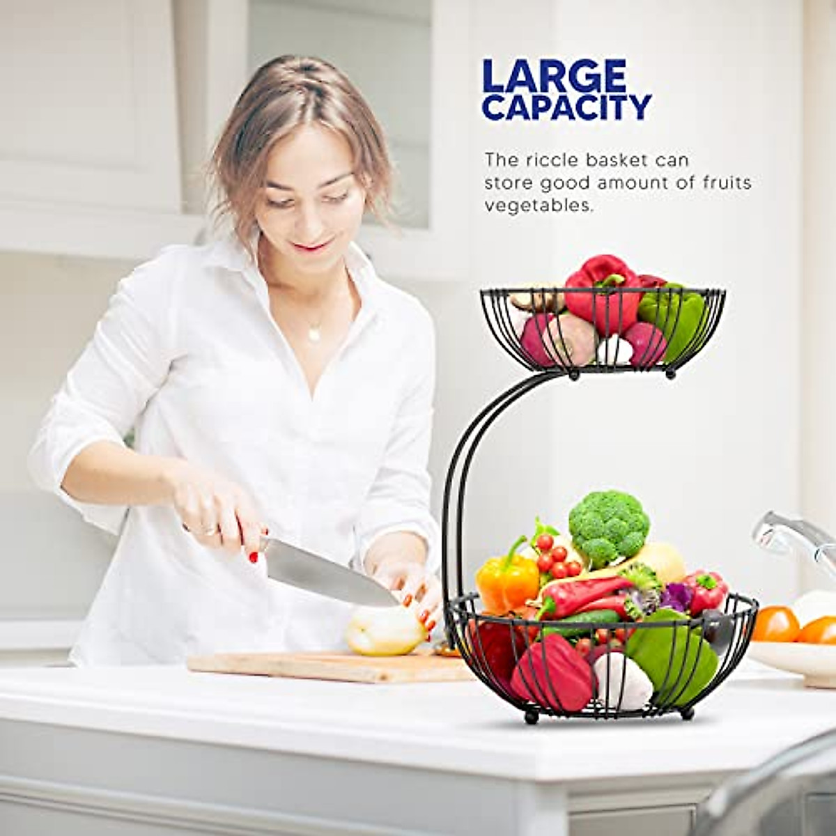 RICCLE Fruit Basket For Kitchen Counter - 2 Tier Fruit Basket With Banana Hanger - Double Layer Metal Wire Fruit Bowl For Kitchen Countertop - Two Tiered Fruit Holder For Produce, Vegetables, Kitchen