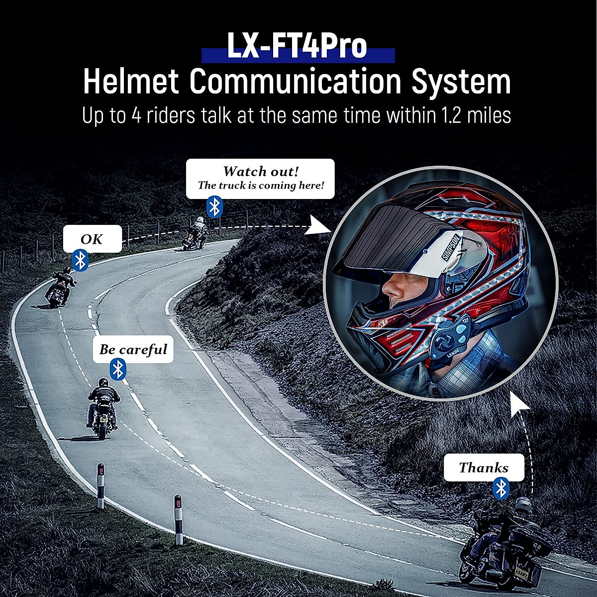 LEXIN 2pcs LX-FT4 Pro 4-Way Motorcycle Bluetooth Headset Featuring Integrated Headlamp with SoS Mode, Amazing Audio, Helmet Intercom Communication System with Type-C Quick Charge for Snowmobile/ATV