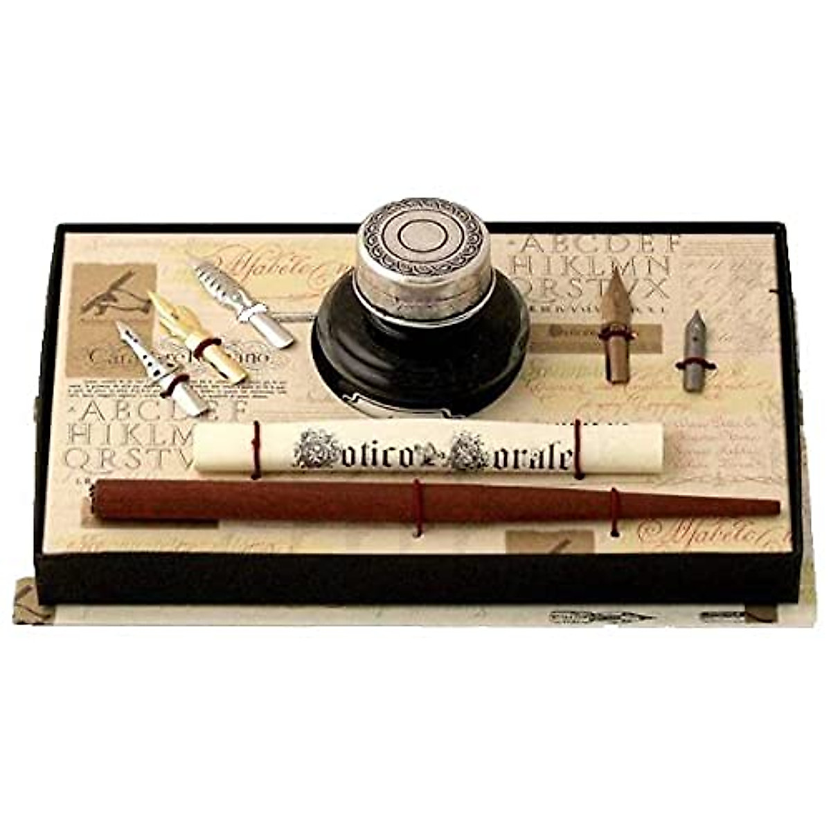 Coles Calligraphy Unisex Wood Pen with Pewter Ink Bottle and 5 Nibs Set