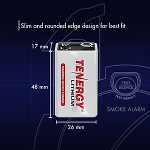 Tenergy 9V Lithium Batteries, 1200mah Non-Rechargeable Batteries, 10 Years Shelf Life Lithium 9 Volt Batteries, 4 Pack