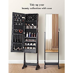 Nicetree Jewelry Cabinet with Full-Length Mirror, Standing Lockable Jewelry Armoire Mirror Organizer, 3 Angel Adjustable, Black