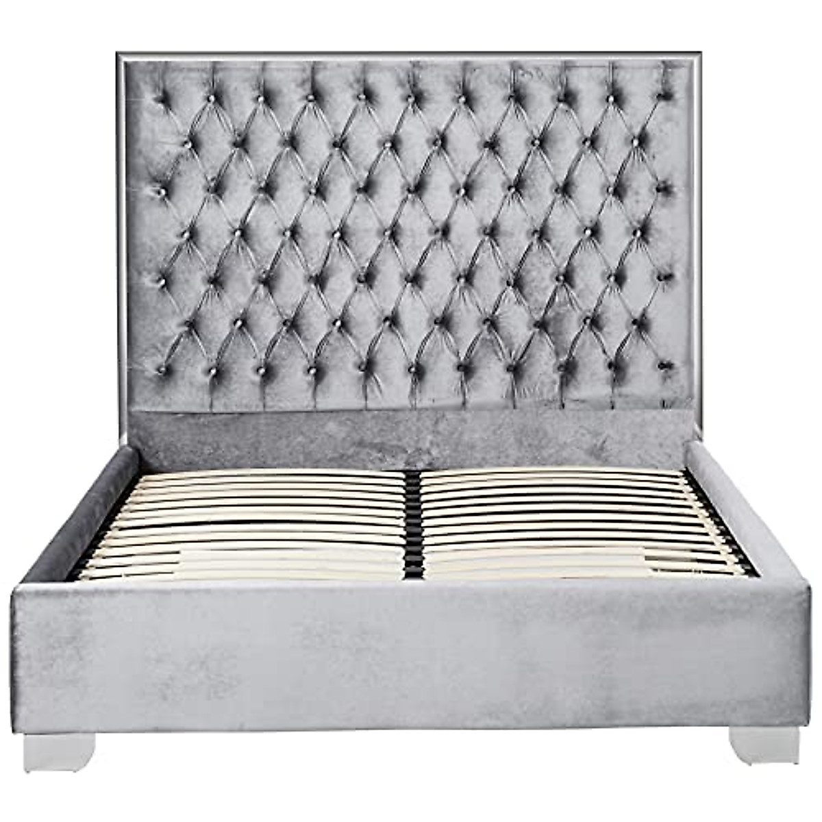 Meridian Furniture Lexi Collection Modern | Contemporary Velvet Upholstered Bed with Deep Tufting, Polished Chrome Stainless Steel Frame and Legs, Queen, Grey