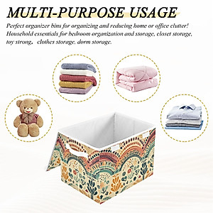 Vnurnrn Storage Bin with Lid Collapsible Vintage Rainbow Flower Print, Large Capacity Foldable Storage Basket Cube for Clothes Toys 16.5×12.6×11.8 IN