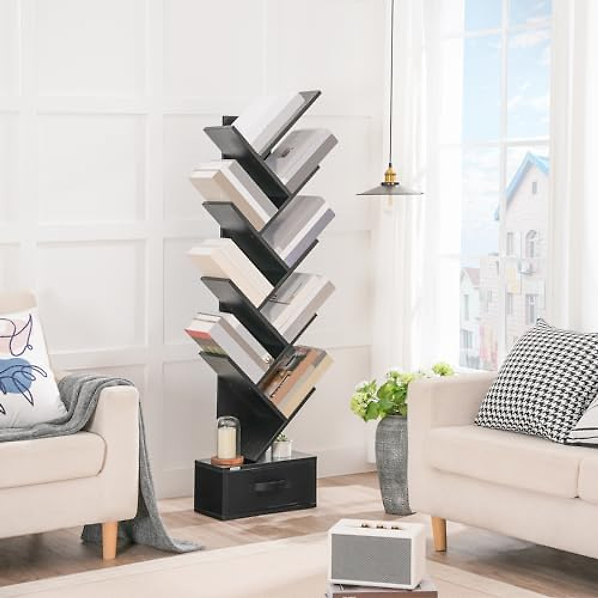 MAHANCRIS Tree Bookshelf, 9-Tier Bookshelf with Drawer, Wooden Book Storage Rack, Floor Standing Bookcase, Utility Organizer Shelves for CDs/Books/Movies, for Living Room, Home Office, Black BKB7101