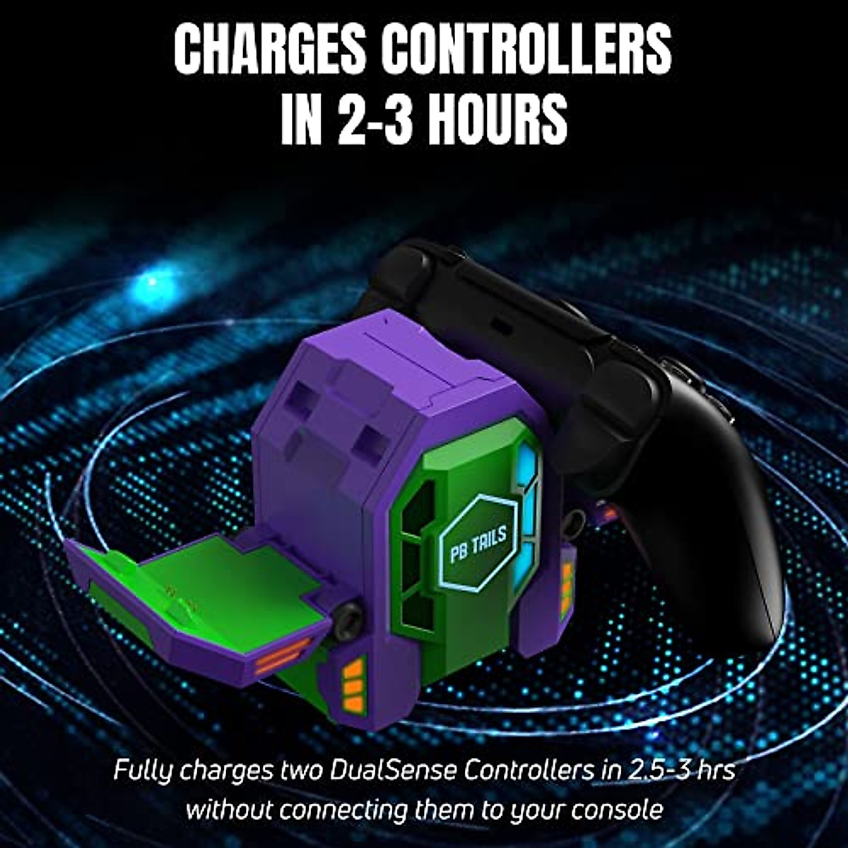 PB Tails LED PS5 Charging Dock - Compact Playstation Controller Charger for Sony PS5 Controller, Fast Dual Charging PS5 Docking Station Hides Messy Cables - Premium Purple & Green PS5 Controller Dock