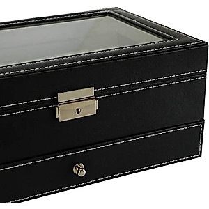 Tebery 12-Slot Watch Box Case Lockable with Glass Lid, 2 Layers Watch Holder Organizer Display with 1 Drawer for Rings and Bracelets, Gift For Boyfriend Fathers Day Birthday Gifts (Black)