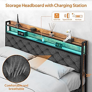 Winkalon King Bed Frame with Headboard, Bed Frame with Charging Station, Metal Platform Bed Frame King Size No Box Spring Needed, Modern Wood Upholstered Headboard and Under Bed Storage