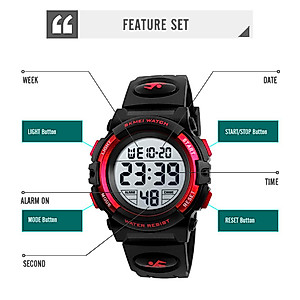 FIZILI Boys Watch Digital Sports Waterproof Outdoor Kids Watches Alarm Clock 12/24 H Stopwatch Calendar 3-15 Year Old Boys Girls Wristwatch - Black Red
