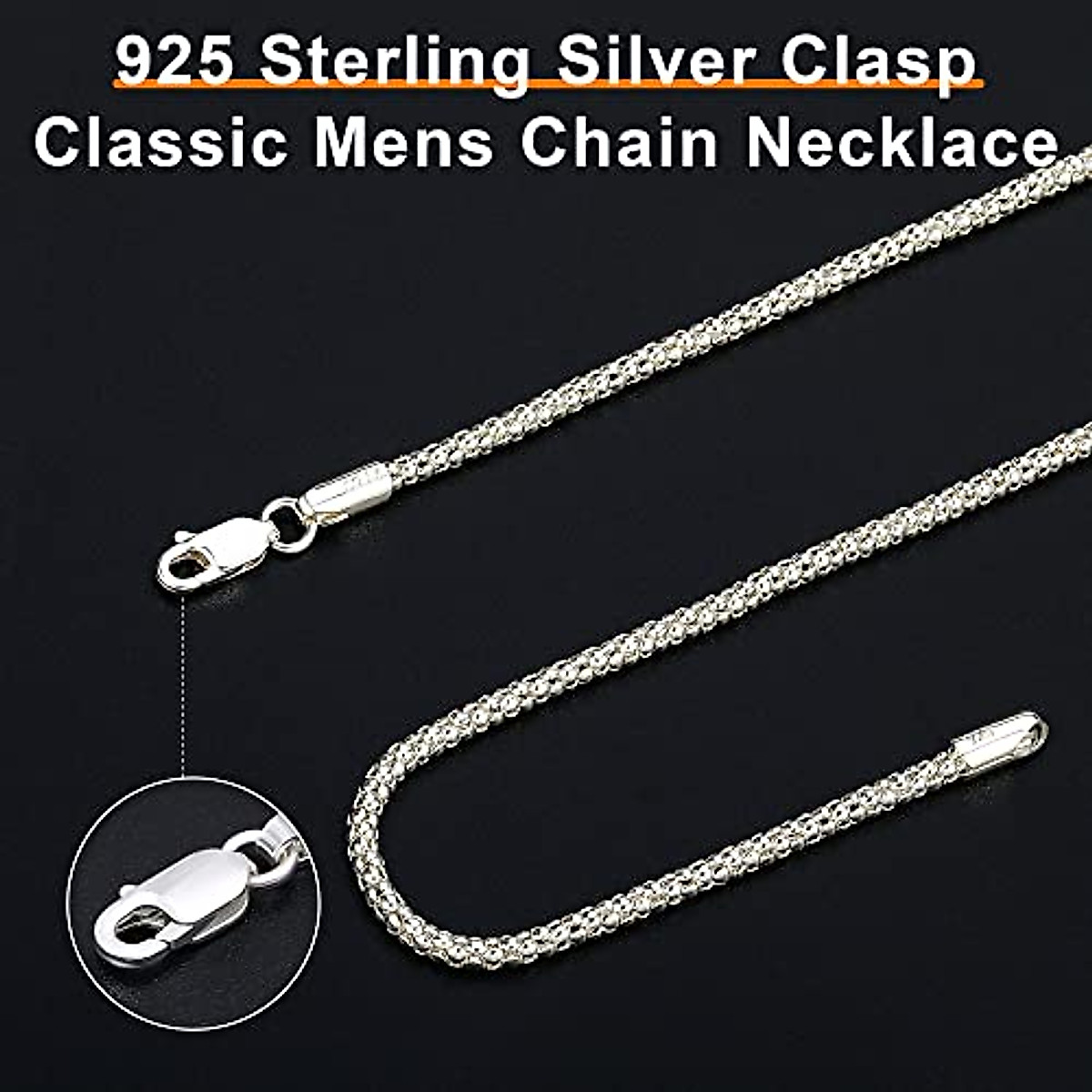 OCHCOH Sterling Silver Clasp Popcorn Chain for Men, 16 Inches Silver Chain for Men 2.5mm Diamond Cut Silver Chains for Men 925 Sterling Silver Chain for Men Silver Chain for Mens Jewelry Mens Gifts