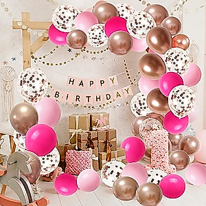 RUBFAC 65 Pcs 12 Inches Pink Balloon Arch Garland Kit, Hot Pink Rose Gold Chrome Balloons for Birthday Shower Princess Theme Party Background Decorations