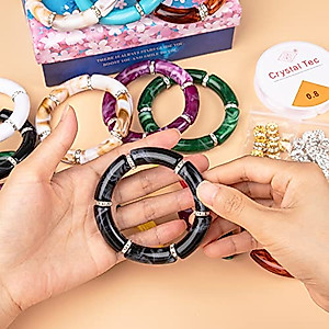 72 Pcs Acrylic Chunky Tube Beads for Bracelets Making 12 Colors Curved Bamboo Tube Beads Chunky Noodle Beads and Elastic Strings for DIY Jewelry Making