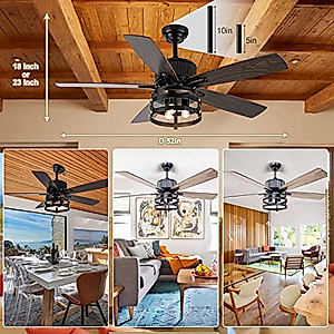 Farmhouse Rustic Ceiling Fans With Lights, Outdoor Ceiling Fan For Patios With Light, 52 In Industrial Ceiling Fan 5 Blade Large Airflow Dual Finish Wood Blades Ceiling Fan, Reversible Dc Quiet Motor