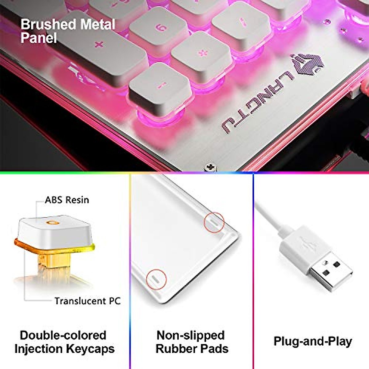 LANGTU Membrane Gaming Keyboard, Rainbow LED Backlit Quiet Keyboard for Office, USB Wired All-Metal Panel 25 Keys Anti-ghosting Computer Keyboard 104 Keys - L1 White/Silver…