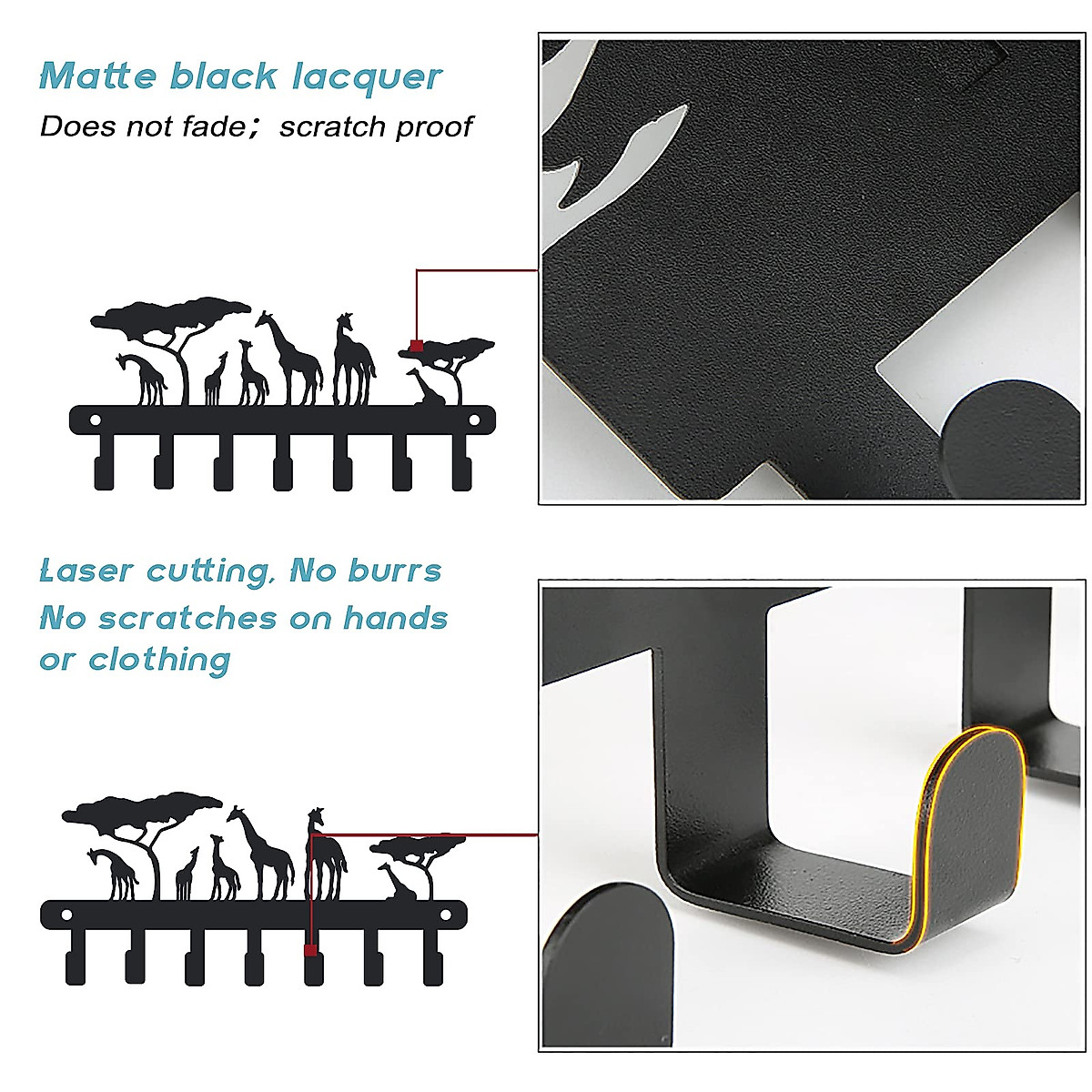 SUPERDANT Black Iron Wall Mounted Hooks Metal Key Holder Giraffes and Tree Pattern with 7 Hooks for Bag Clothes Key Hanging Small Wall Shelf Holder Wall Decorative About 6"x13"(15x33cm)