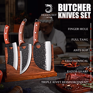 DRAGON RIOT Professional Butcher Knife Set for Meat Processing, 3Pcs High Carbon Steel Hand Forged Serbian Cleaver Chef Knife Set with Ergonomic Handles for Kitchen Outdoor Cooking