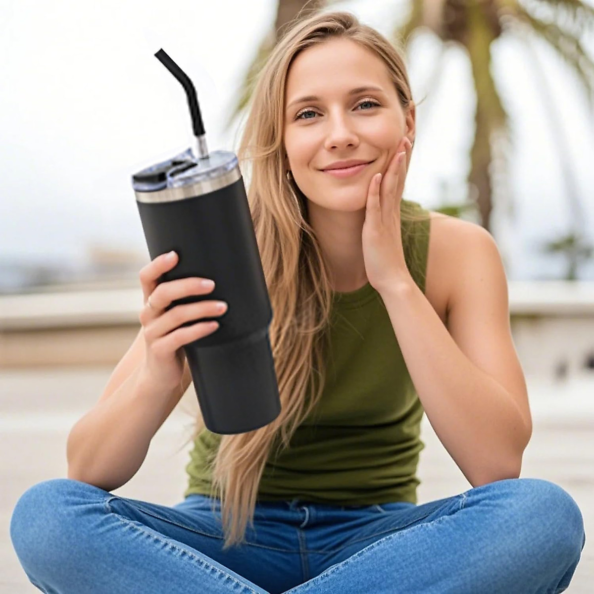 SMLIXE 40 oz Tumbler with Handle and Straw Lid,Insulated Reusable Stainless Steel Water Bottle Travel Mug，Cupholder Friendly Double Wall Vacuum Sealed Cup (Black)