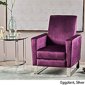 Great Deal Furniture Arvin Modern Velvet Push Back High Leg Recliner with Stainless Steel Legs, Eggplant and Silver