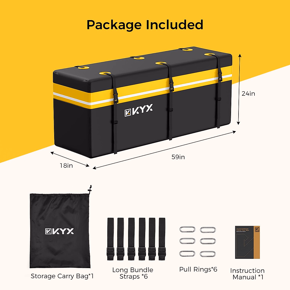 Hitch Cargo Carrier Bag - KYX 15 Cubic Feet Hitch Mount Vehicle Cargo Carrier Bag Car Pickup Truck 100% Waterproof, Anti-Tear 1000D PVC Fabric, Integrated Rain Curtain, Reinforced Straps (59" 18" 24")