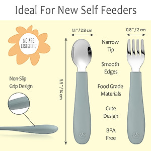 CoixFoam 8 Pieces Toddler Utensils, Toddler Safe Silverware Set With Food Grade Silicone Hanlde, 18/8 Stainless Steel, Perfect Length For New Self Feeders, Dishwasher Safe