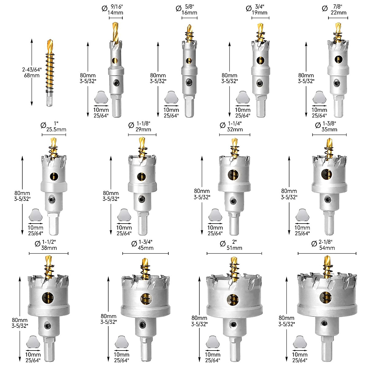 YOSIGHT 13Pcs Upgrade Heavy Duty Carbide Hole Saw Kit - Metal Steel Hole Saw Drill Bits TCT Hole Cutter with 1Pc Center Drill 2Pcs L-Wrench - Hole Saw Set for Metal, Steel, Iron, Alloy, Copper