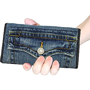 Bijoux de Ja Upcycling Blue Denim Versatile Decorated Flap Cover Pocket Money Long Wallet Purse Clutch for Women (RANDOM)
