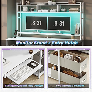 SEDETA White Computer Desk with Hutch and Drawer, 55" White Gaming Desk with LED Lights & Power Outlet, Home Office Desks with Storage Shelves, Bookshelf, Monitor & CPU Stand, Gamer Desk PC Table