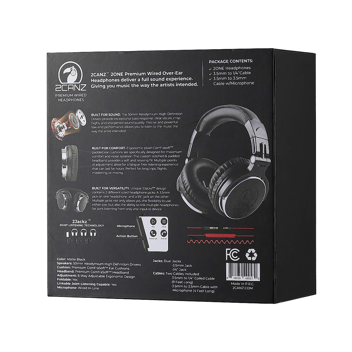 2CANZ Over-Ear Professional Wired DJ Headphones - 50mm Neodymium Drivers, Closed Back, Plush Comfrasoft Ear Cushions, 8-Way Adjustable Earpads, Foldable, and Joint Listening