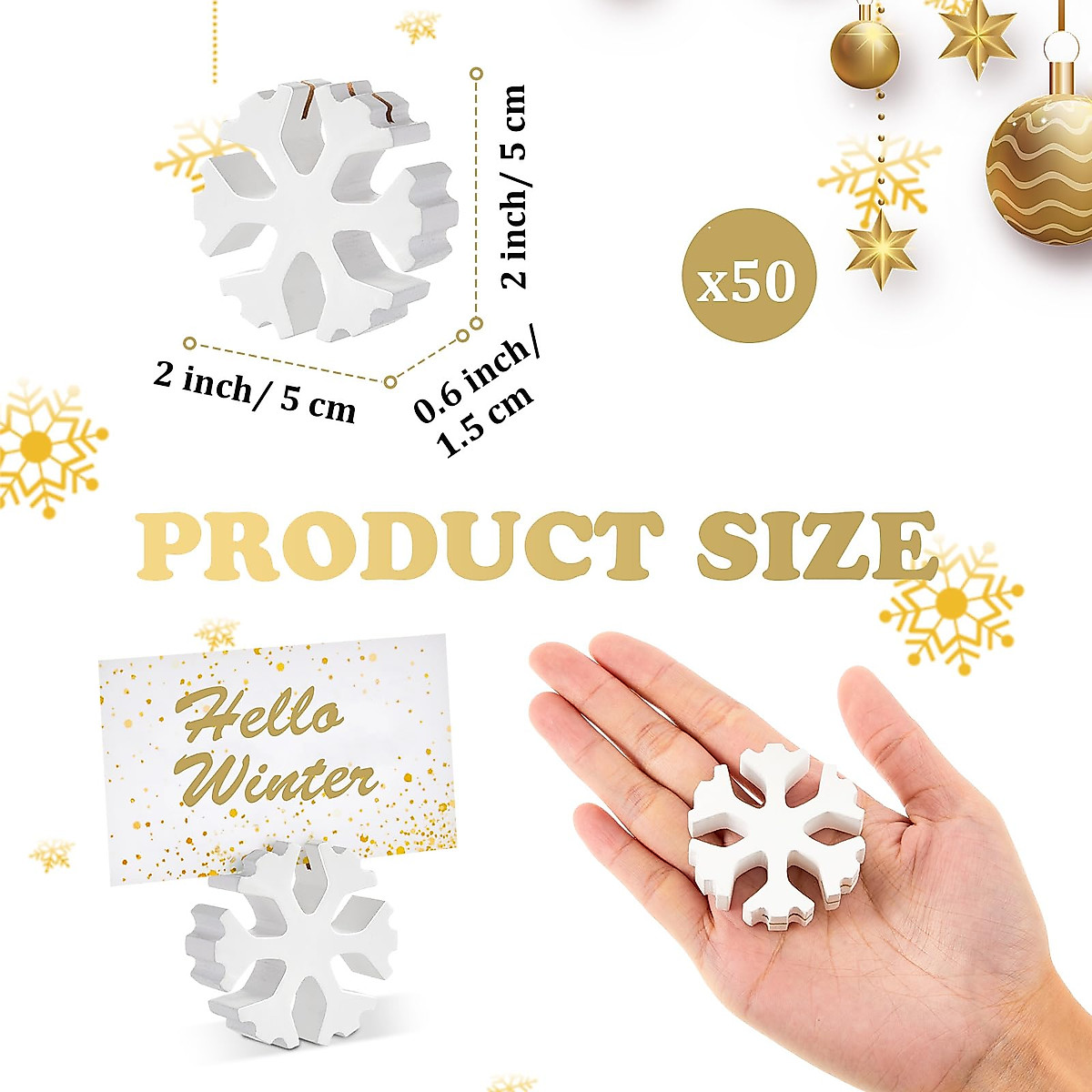 50 Pcs Christmas Snowflake Wooden Place Card Holders Farmhouse Ornament Winter Table Number Rustic Name Card Picture Holders Wood Table Sign Stands for Xmas Holiday Party Wedding Party Supplies