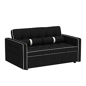 55.5" Convertible Sleeper Sofa Bed, 3 in 1 Velvet Loveseat Sofa Couch with Adjustable Backrest, Modern Pull Out Couch with Round Pillows and Pockets for Living Room (Black)