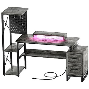 Computer Desk with 2 Fabric Drawers - Reversible Home Office Desk with Power Outlet & LED Lights, 53" Writing Desk with Monitor Stand & Storage Shelves, Gaming Desk Study Table with Pegboard, Grey Oak