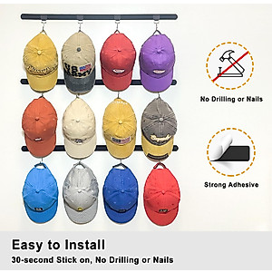 ETOWIFA Adhesive Hat Organizer Rack for Baseball Caps [Up to 36 Caps] Hat Hangers Holder Display for Wall, Over Door Closet, Room/College Dorm Storage - 3 Magic Strips with 12 Removable Hooks