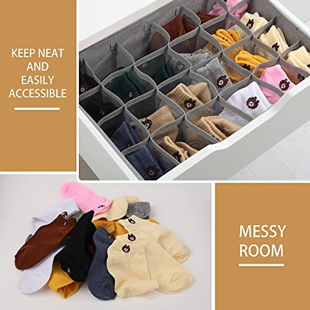 losensild Sock Underwear Closet Cabinet Organizer Drawer Divider Foldable Cloth Drawer Organizer Storage Boxes Divider Baskets for Storing Socks Underwear Ties Handkerchiefs Belts (24+24 Cell, Gray)