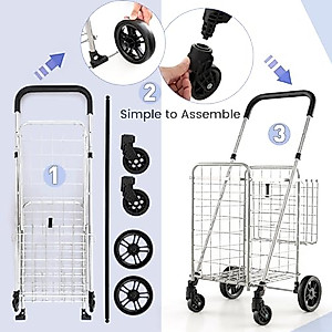 Goplus Folding Shopping Utility Cart, Double Basket and 360° Swivel Wheels, Adjustable Handle, Small Cart Perfect for Grocery Laundry Book Luggage Travel