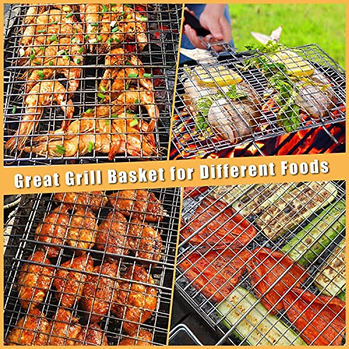 Vastector Grilling Basket, Folding Portable Outdoor Camping Stainless Steel BBQ Rack with Removable Handle for Shrimp, Steaks, Burgers, Hot Dogs, Barbeque Griller Cooking Tool