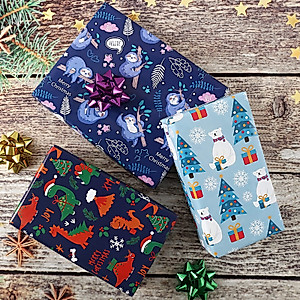 BULKYTREE Christmas Wrapping Paper for Kids Boys Girls Men Women Holiday Party - 3 Large Sheets Gift Wrap 3 Designs Sloth, Dinosaur, Polar Bear Gift - 27 Inch X 39.4 Inch Per Sheet