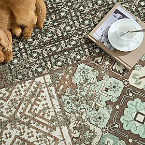 jinchan Boho Area Rug 2x3 Vintage Entryway Rug Patchwork Washable Rug Tribal Doormat Kitchen Rug Floral Print Rug Decor Indoor Non Slip Soft Carpet for Bedroom Bathroom Home Office Brown/Teal