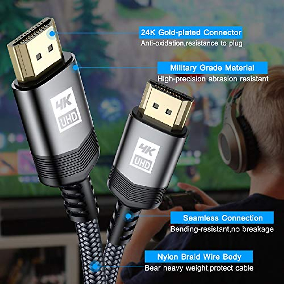 HDMI Cable 15 feet [4K@60Hz, 1080P@144Hz], sweguard 4K HDMI 2.0 Cable High Speed 18Gbps Gold Plated Nylon Braided Supports HDR,HDCP 2.2, 2160P,3D,ARC for Roku TV PS5 PS4 Xbox HDTV Blu-ray&Monitor-Grey