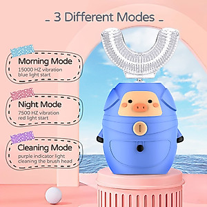 ZZCC Ultrasonic Kids Electric Toothbrush, New U Shape Kid Type Whitening IPX7 Waterproof, 3 Gear Speed, 3-12 Years(Blue-Mini Pig)