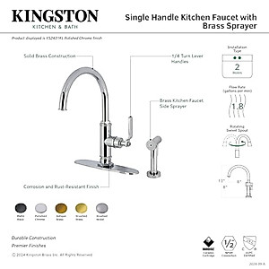 Kingston Brass KS2438KL Whitaker Single-Handle Kitchen Faucet with Brass Sprayer, Brushed Nickel