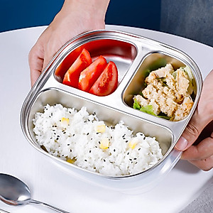 2 Pack Stainless Steel Divided Plate Small Child Plate with 3-Compartment, Portion Control Serving Platter, Mess Food Sectioned Tray for Dinner, Lunch, Cafeteria, Kids 6 inches