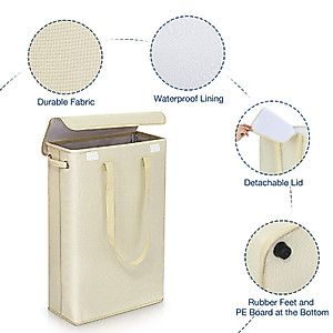 TEAYINGDE slim Laundry Basket with Lid, Tall Thin Laundry Hamper with Handles, Waterproof Lining Narrow Dirty Clothes Hamper for Bathroom Bedroom Dorm Organization Storage, 45L Black