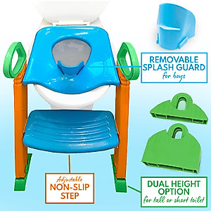 Potty Training Seat Toilet with Ladder - Potty Step Stool for Kids Toddlers w/Handles. Sturdy, Safe & Adjustable Height. Non-Slip Steps & Anti Slip Pads. Trainer Folds Easy for Boys Girls Baby