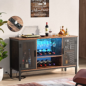 Homieasy Wine Bar Cabinet with Led Lights and Power Outlets, Industrial Coffee Bar Cabinet for Liquor and Glasses, Farmhouse Bar Cabinet with Removable Wine Racks, Rustic Brown