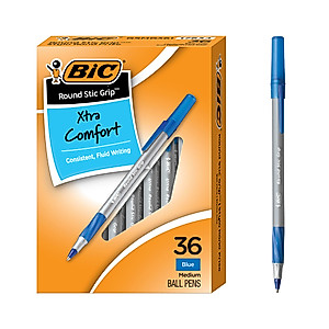 BIC Round Stic Grip Xtra Comfort Blue Ballpoint Pens, Medium Point (1.2mm), 36-Count Pack, Excellent Writing Pens With Soft Grip for Superb Comfort and Control