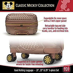 FUL Disney Mickey Mouse 3 Piece Rolling Luggage Set, Hardside Suitcase with Spinner Wheels, 21 Inch, 25 Inch and 29 Inch, Rose Gold